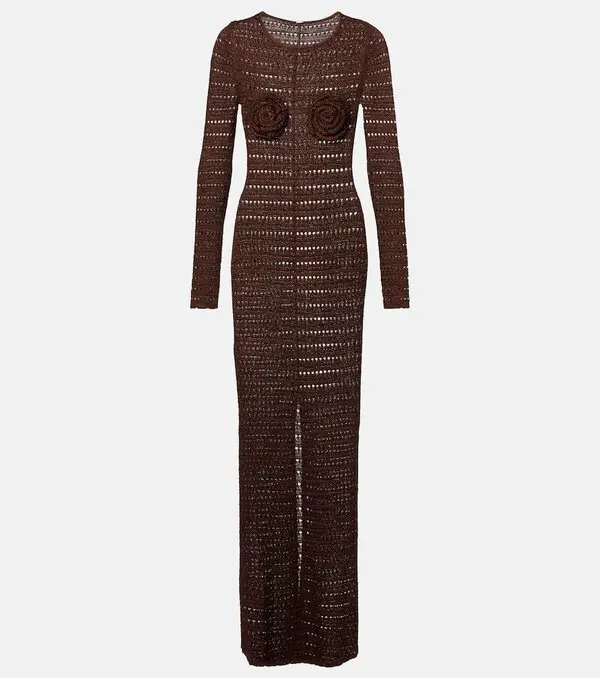SAME Floral-appliqué Crochet Maxi Dress - Brown