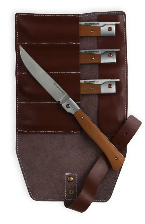 MESSERMEISTER Folding Steak Knife 4 Piece Set In Leather Roll - Maple