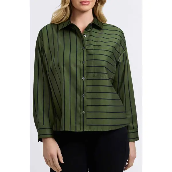 Foxcroft Marina Stripe Cotton Button-up Shirt - Basil Green/black