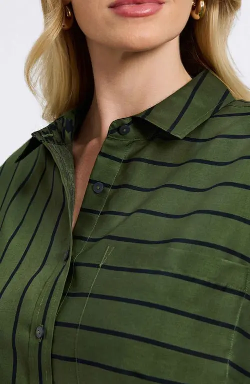 Foxcroft Marina Stripe Cotton Button-up Shirt - Basil Green/black