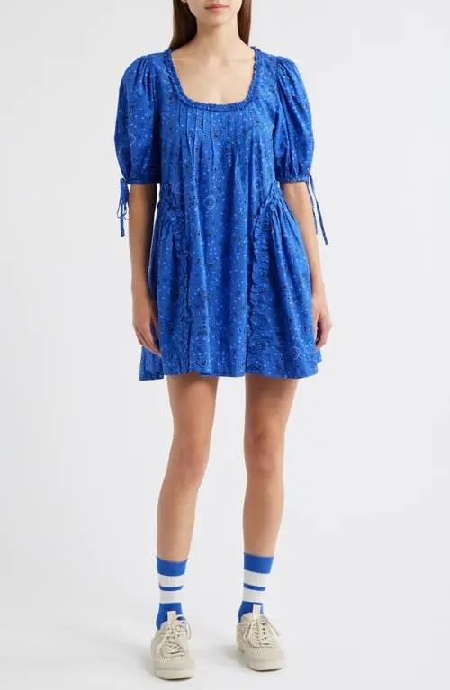 DAMSON MADDER Meri Pleated Puff Sleeve Cotton Mini Sundress - Blue