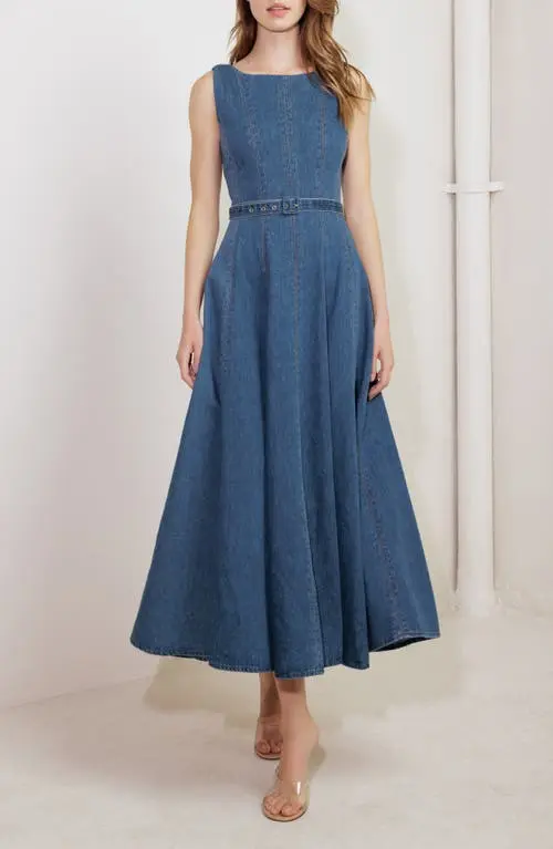 Freemarket Belted Seamed Denim Flare Maxi Dress - Indigo Denim |  Editorialist