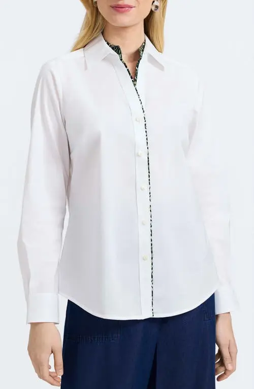 Foxcroft Cotton-blend Button-up Shirt With Leopard Trim - White