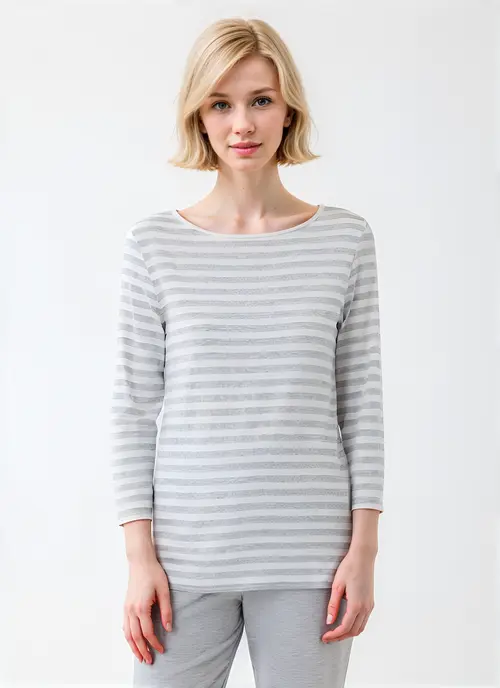 Majestic Filatures Striped 3/4 Sleeve Boatneck T-shirt - Gris Chine Clair