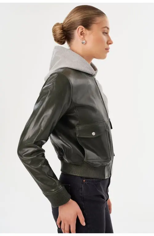 LAMARQUE Candace Leather Bomber Jacket - Dark Olive/heather Grey