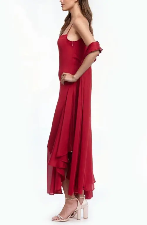Badgley Mischka Asymmetric Chiffon Slipdress With Scarf - Red | Editorialist