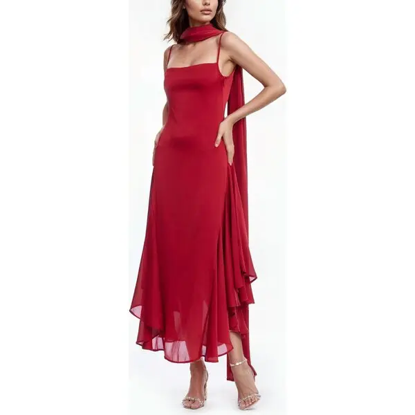 Badgley Mischka Asymmetric Chiffon Slipdress With Scarf - Red