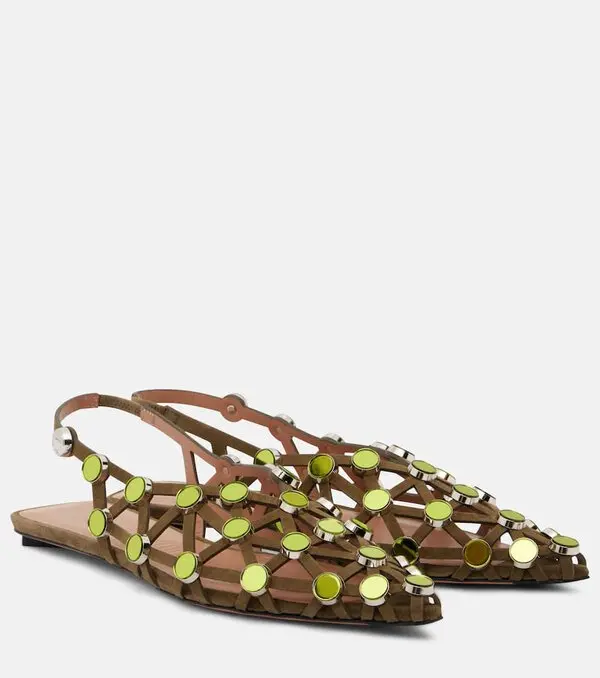 Attico Grid Embellished Ballet Flats - Brown