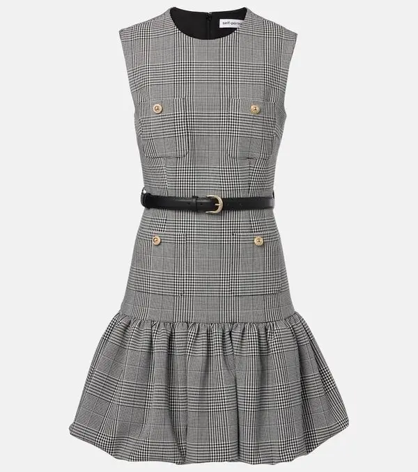 SELF-PORTRAIT Belted Prince Of Wales Check Mini Dress - Grey