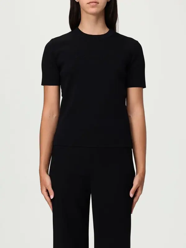 Max Mara Ribbed Knit T-shirt With Logo Detail - Black