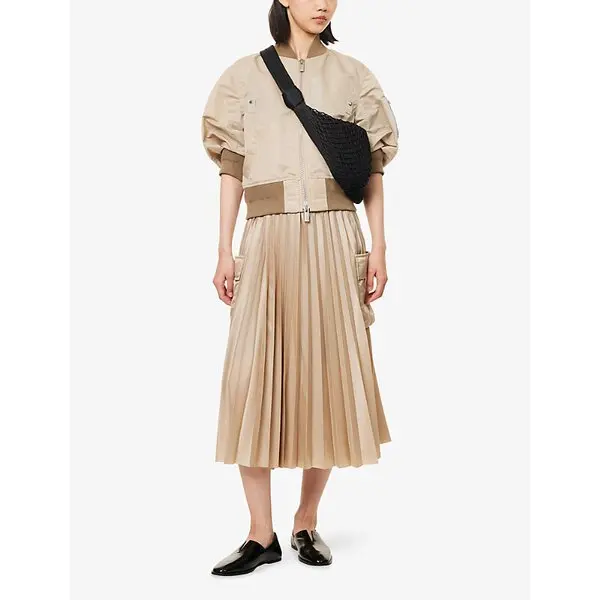 Sacai Pleated Wrap-Front Woven Midi Skirt - Beige | Editorialist