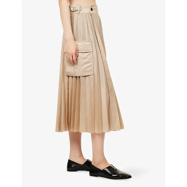 Sacai Pleated Wrap-Front Woven Midi Skirt - Beige | Editorialist