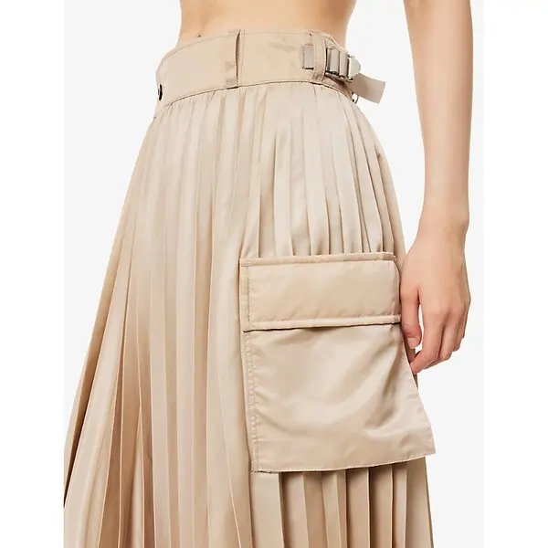 Sacai Pleated Wrap-Front Woven Midi Skirt - Beige | Editorialist