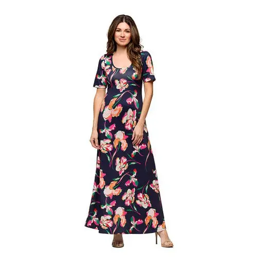 24SEVEN COMFORT APPAREL Maternity Navy Floral Print Elbow Sleeve Casual A-line Maxi Dress - Blue Multi