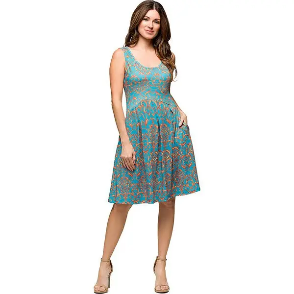 24SEVEN COMFORT APPAREL Sleeveless Pleated Knee Length Maternity Dress - Blue Multi