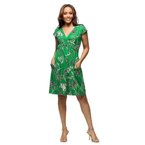 24SEVEN COMFORT APPAREL Maternity Floral V-neck Knee Length Dress - Green Multi