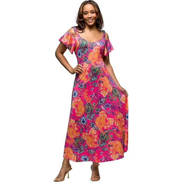 24SEVEN COMFORT APPAREL Paisley Cold Shoulder Ruffle Sleeve A-line Maternity Maxi Dress - Pink Multi