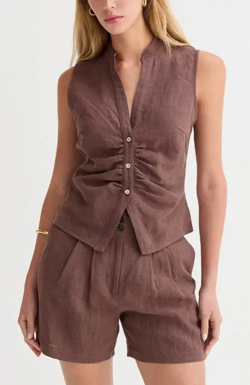 CRESCENT Sleeveless Mandarin Collar Linen Blouse - Brown