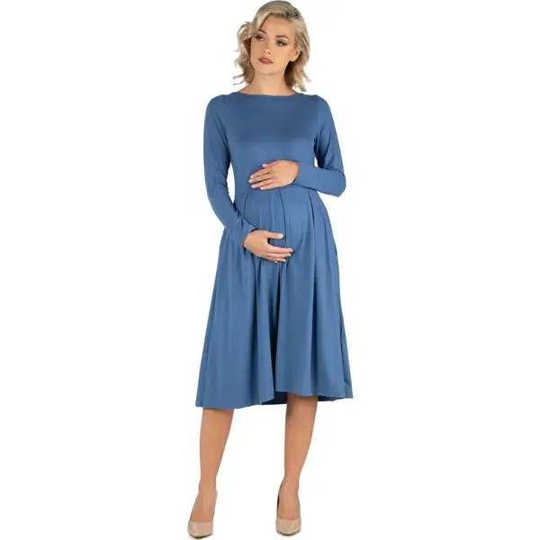 24SEVEN COMFORT APPAREL Maternity Midi Length Fit And Flare Dress - Indigo