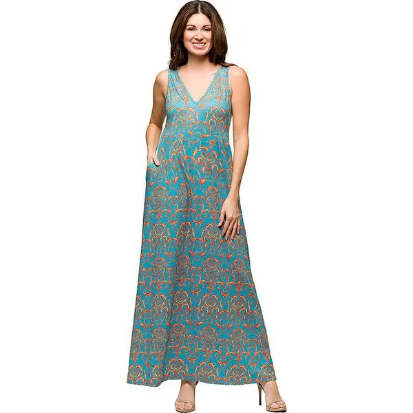24SEVEN COMFORT APPAREL Maternity Sleeveless V-neck Maxi Dress With Pockets
