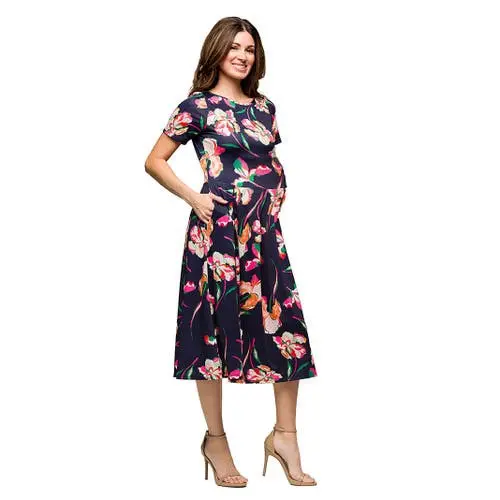 24seven Comfort Apparel Maternity Floral Pleated Flare Midi Pocket Dress -  Blue Multi - 40% Off | Editorialist