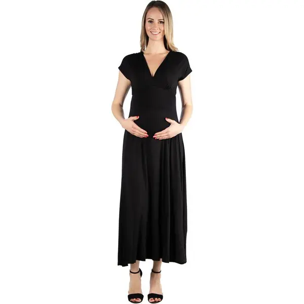 24SEVEN COMFORT APPAREL Maternity Cap Sleeve V-neck Maxi Dress - Black