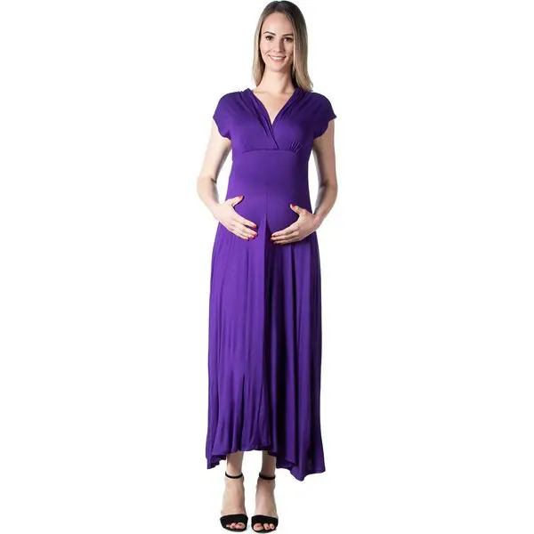 24SEVEN COMFORT APPAREL Maternity Cap Sleeve V-neck Maxi Dress - Purple
