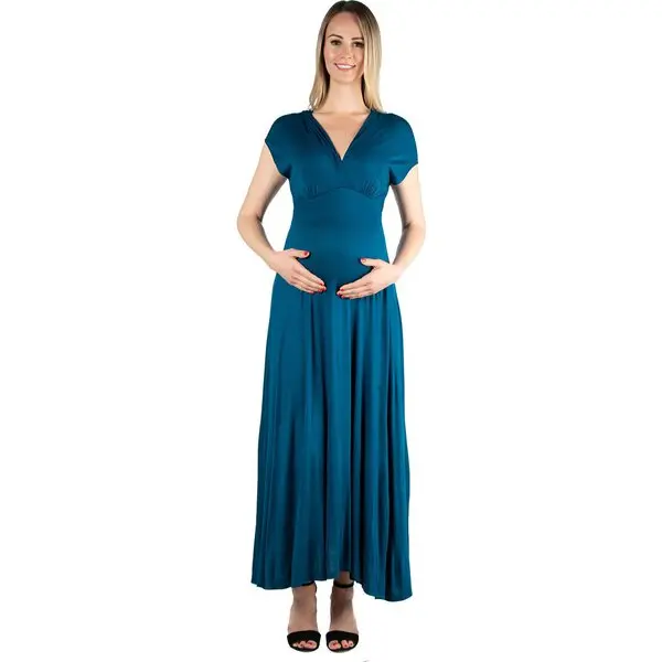 24SEVEN COMFORT APPAREL Maternity Cap Sleeve V-neck Maxi Dress - Teal