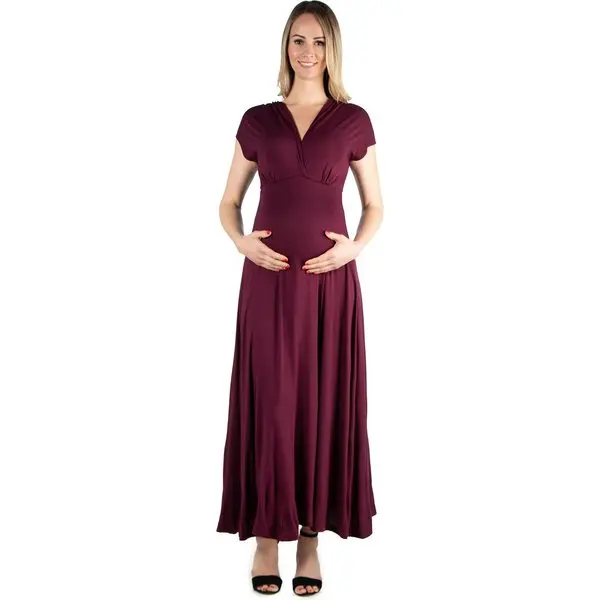 24SEVEN COMFORT APPAREL Maternity Cap Sleeve V-neck Maxi Dress - Wine