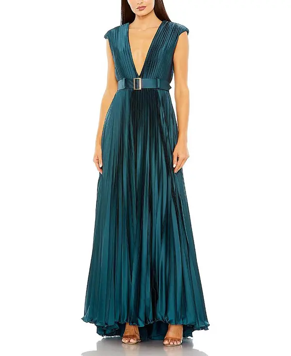 Mac Duggal Pleated Plunge Neck Belted Satin Gown - Midnight