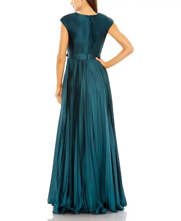 Mac Duggal Pleated Plunge Neck Belted Satin Gown - Midnight