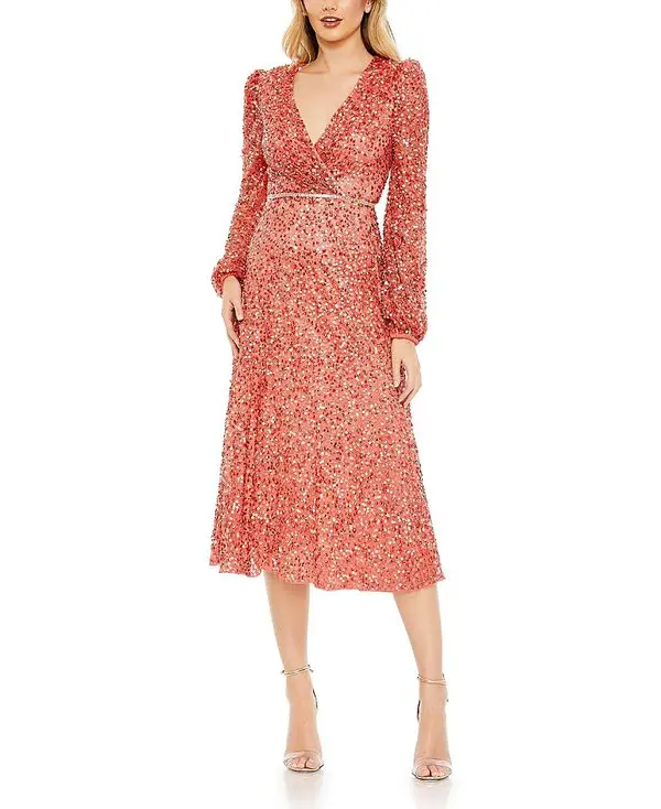 Mac Duggal A-line Wrap Dress With Puff Sleeves