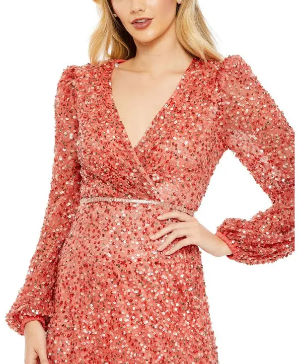 Mac Duggal A-line Wrap Dress With Puff Sleeves