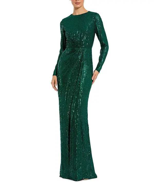 Mac Duggal Sequined Long Sleeve Side Knot Gown - Emerald
