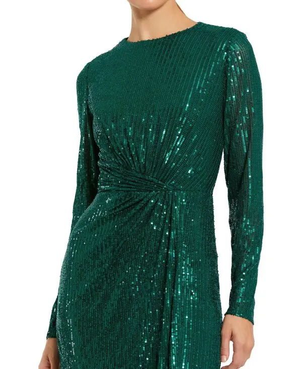 Mac Duggal Sequined Long Sleeve Side Knot Gown - Emerald