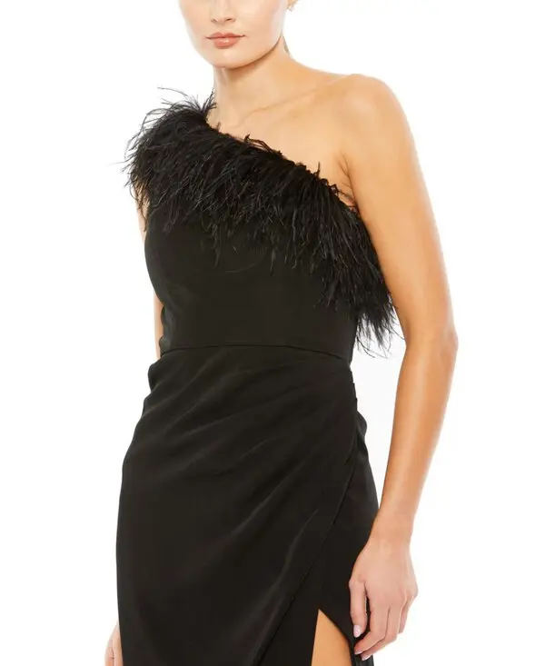 Mac Duggal Asymmetric Draped Evening Dress With Feather Detail