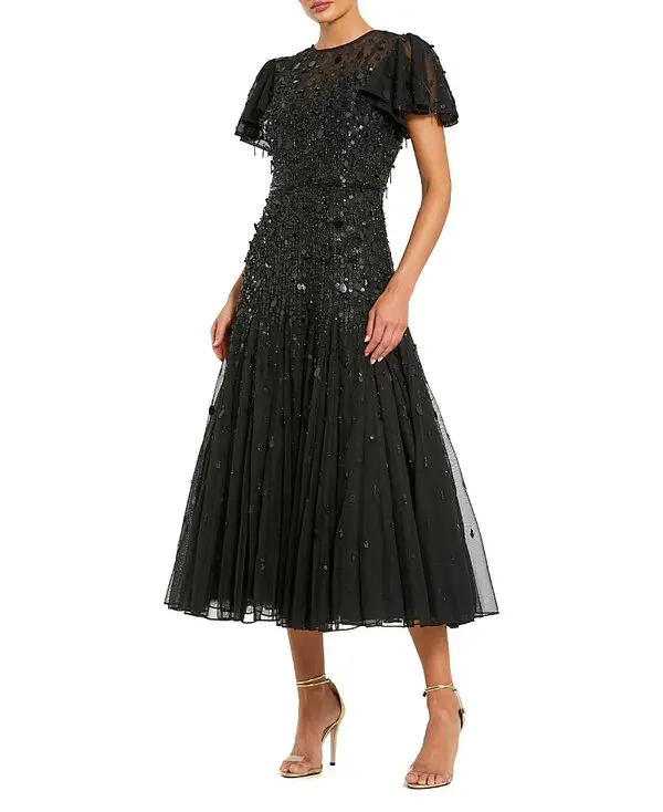 Mac Duggal Flutter Sleeve Embellished Tea Length Dress