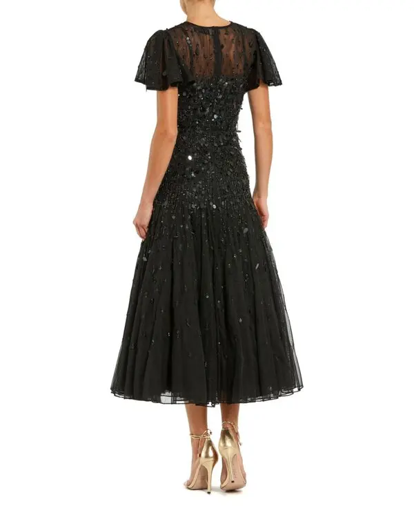 Mac Duggal Flutter Sleeve Embellished Tea Length Dress