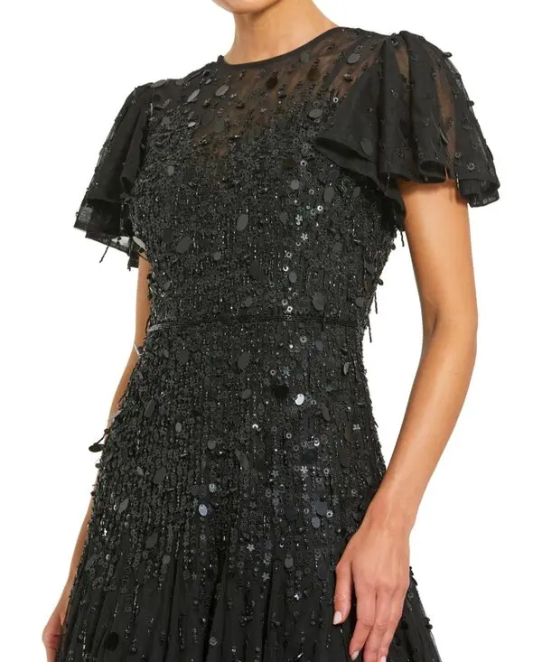 Mac Duggal Flutter Sleeve Embellished Tea Length Dress