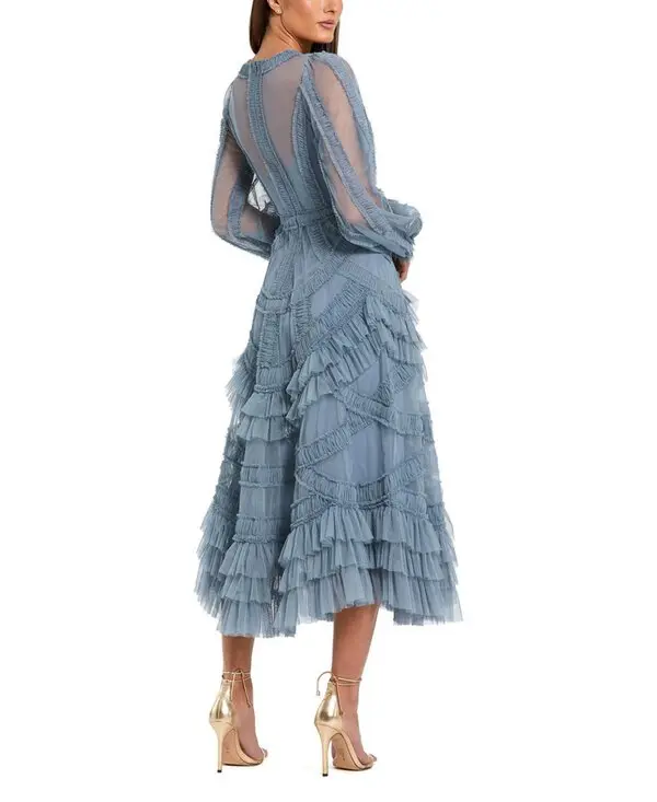 Mac Duggal Long Sleeve V-neck Micro Ruffle Midi Dress