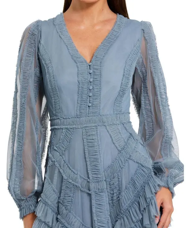 Mac Duggal Long Sleeve V-neck Micro Ruffle Midi Dress