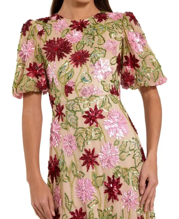 Mac Duggal Floral Embroidered Mesh Gown With Statement Sleeves