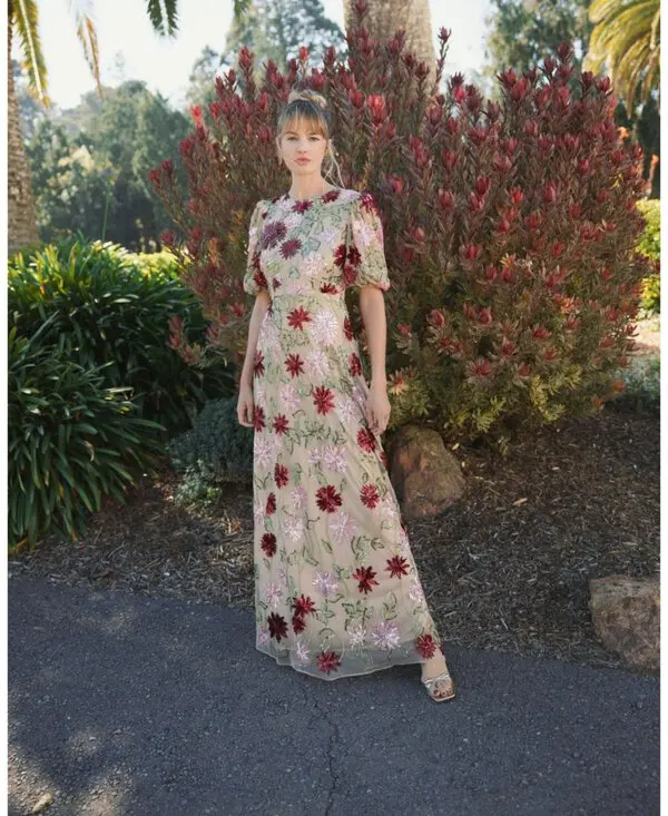 Mac Duggal Floral Embroidered Mesh Gown With Statement Sleeves