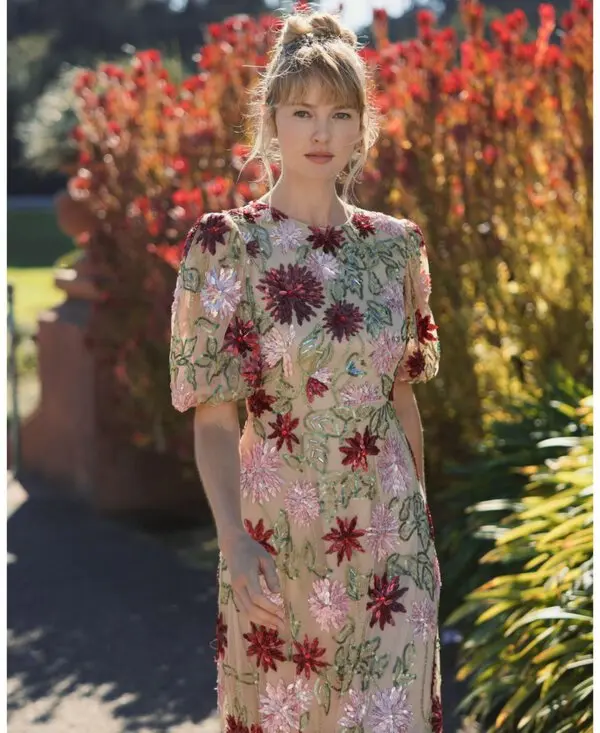 Mac Duggal Floral Embroidered Mesh Gown With Statement Sleeves