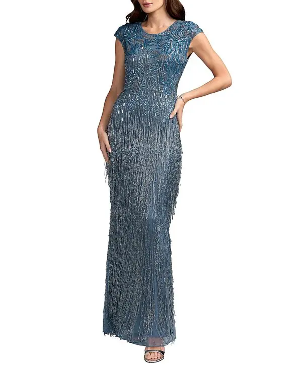 Mac Duggal Short Sleeve Beaded Fringe Gown - Slate Blue