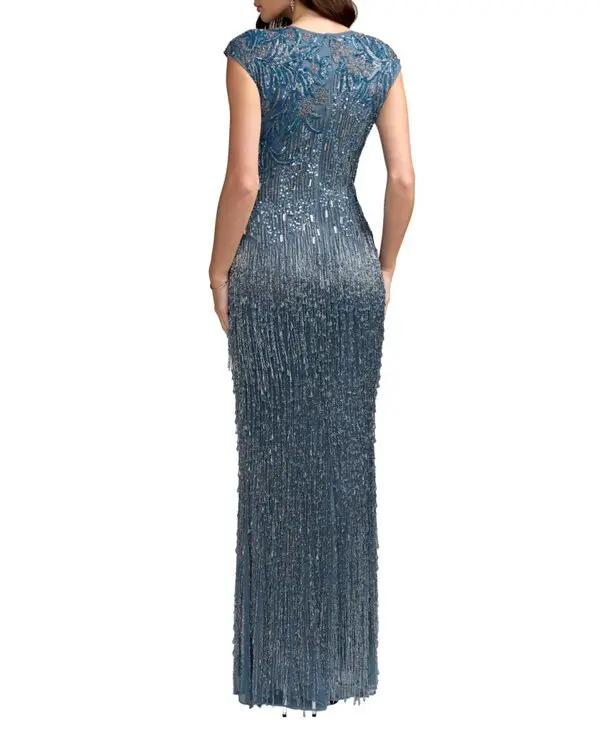 Mac Duggal Short Sleeve Beaded Fringe Gown - Slate Blue