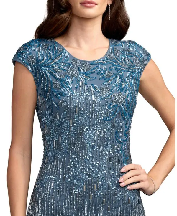 Mac Duggal Short Sleeve Beaded Fringe Gown - Slate Blue