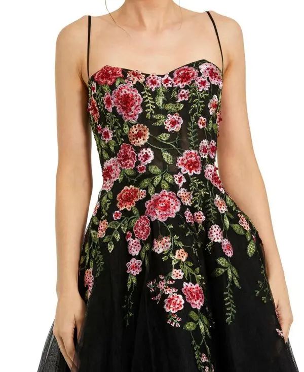 Mac Duggal Slim Strap Embroidered Dress - Black Multi