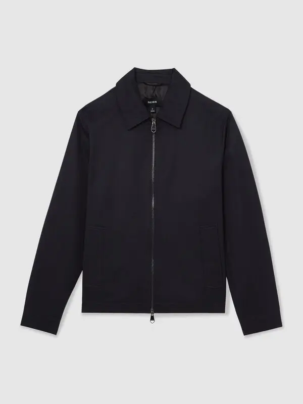 REISS Lyocell-cotton Twill Zip-through Jacket - Navy