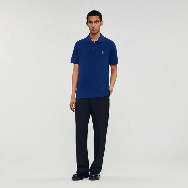 Sandro Polo Shirt With Leather Logo - Navy Blue